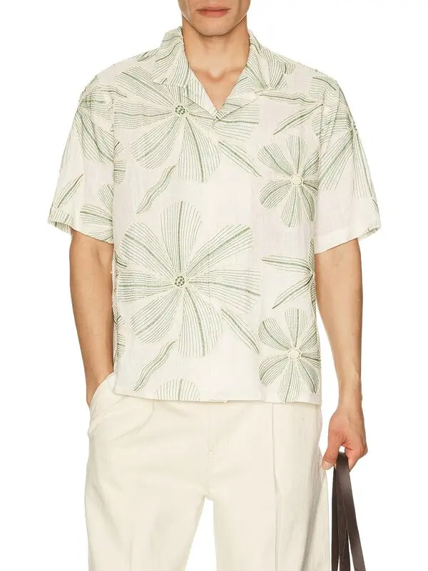 CORRIDOR Linen Applique Short Sleeve Shirt In Nude - Natural