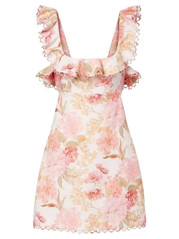 Zimmermann Como Floral Ruffled Linen Minidress - Pink