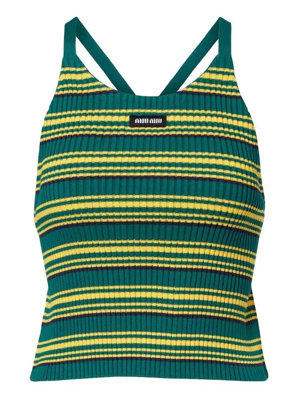 Miu Miu Ribbed-knit Striped Cotton-blend Top - Green