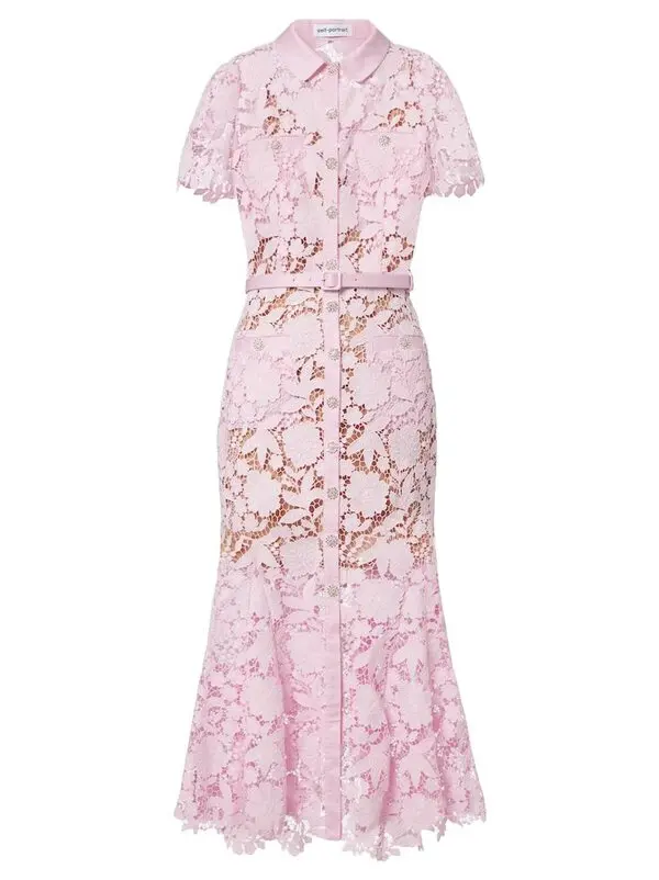 SELF-PORTRAIT Belted Lace Shirt Dress - Pink