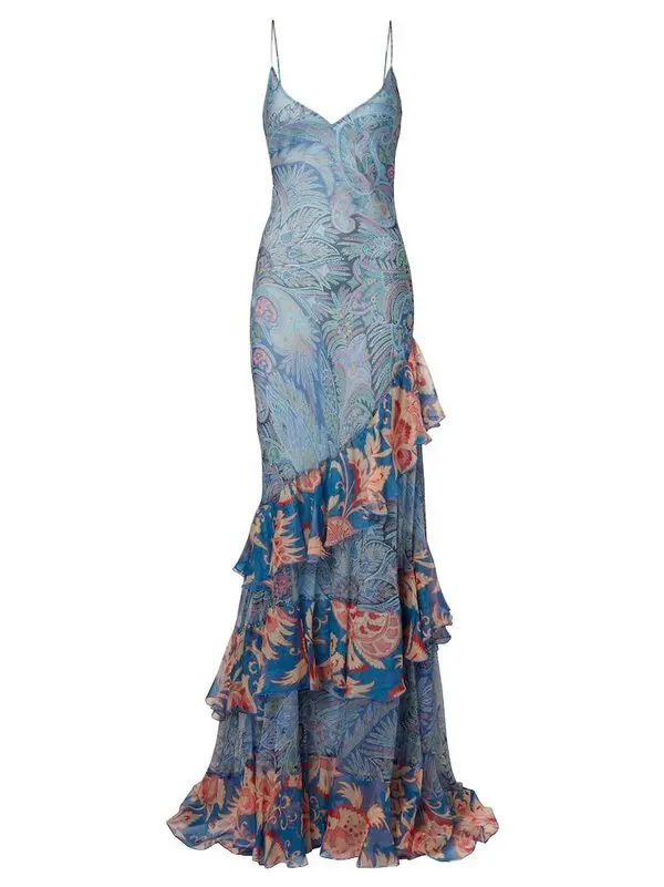 Etro Paisley Floral Tiered Silk Chiffon Maxi Dress - Blue