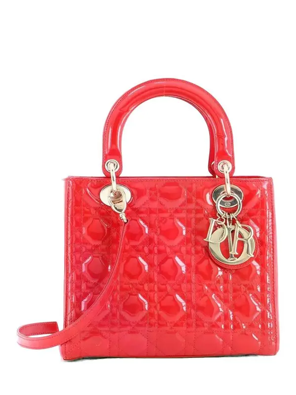 Dior Lady Cannage Quilt Patent Medium Satchel - Red