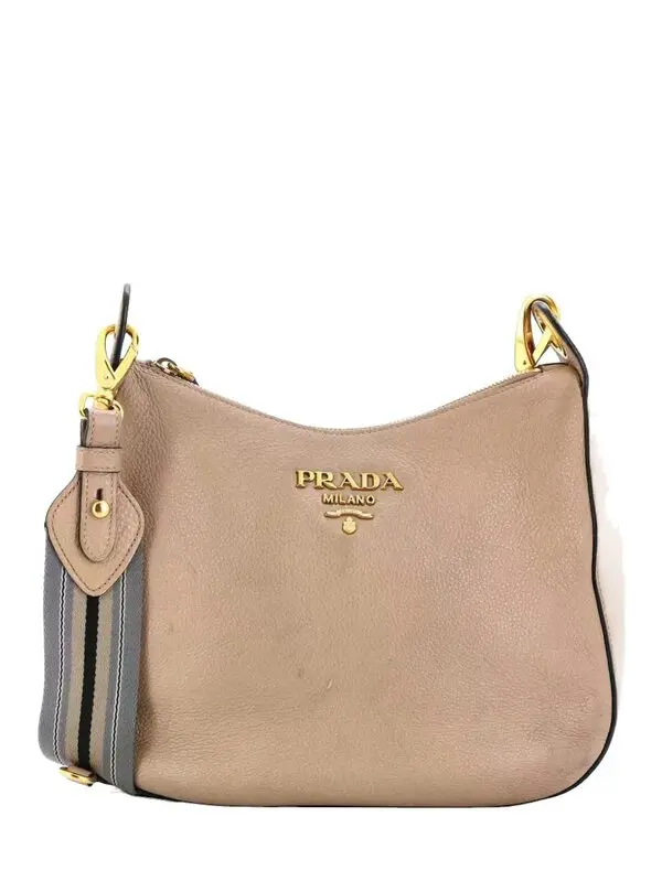 Prada Striped Strap Zip Hobo Vitello Daino Medium Crossbody Bag - Neutrals