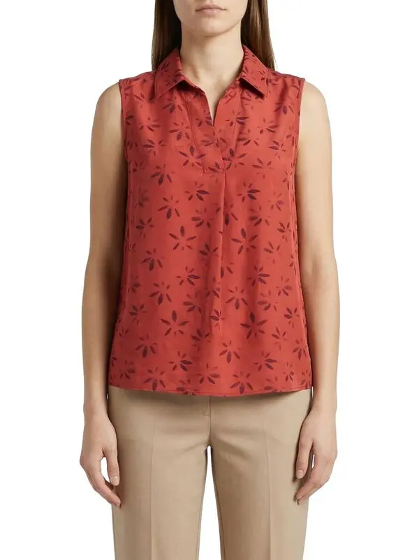 K-WAY Sleeveless Floral Print Blouse With Classic Collar - Brown