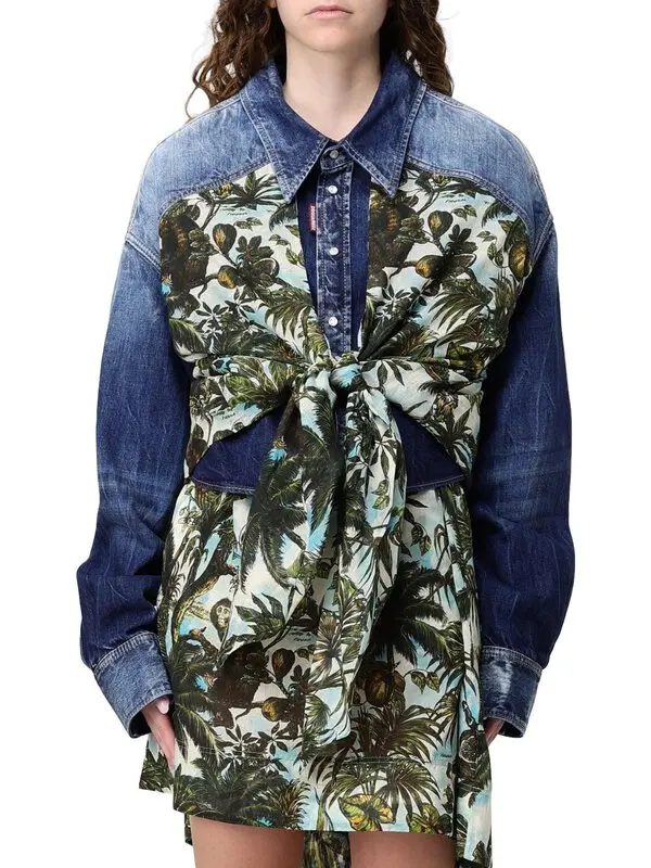 Dsquared2 Cotton Denim Shirt With Tropical Inserts - Green