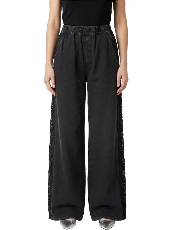 Pinko Wide Leg Cotton Trousers With Lace Detail - Black