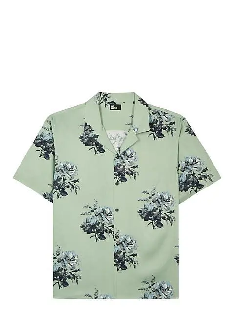 The Kooples Floral-print Short-sleeve Woven Shirt - Green Navy