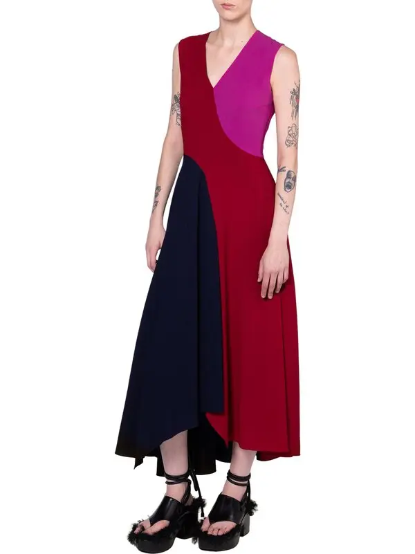 ROKSANDA Miral Asymmetric Color Block Midi Dress - Fuchsia/crimson/navy