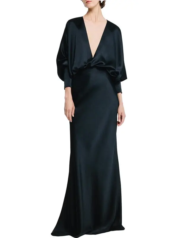 SEV Draped V-neck Blouson Satin Gown - Black