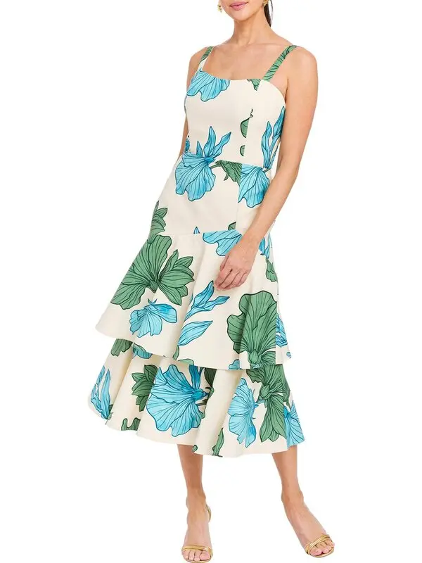 Mestiza New York Torero Floral Crepe Convertible Tiered Gown - Blue Green