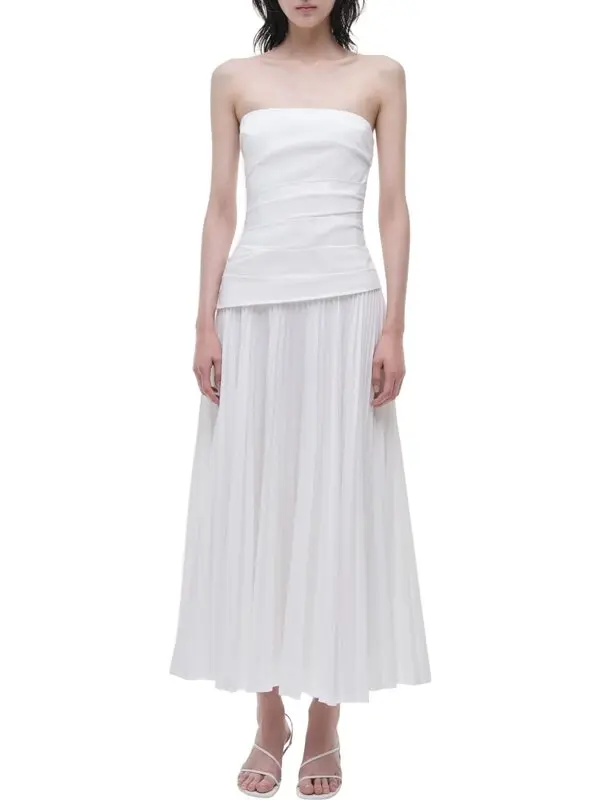 Simkhai Arie Pleated Poplin Strapless Bustier Midi Dress - White