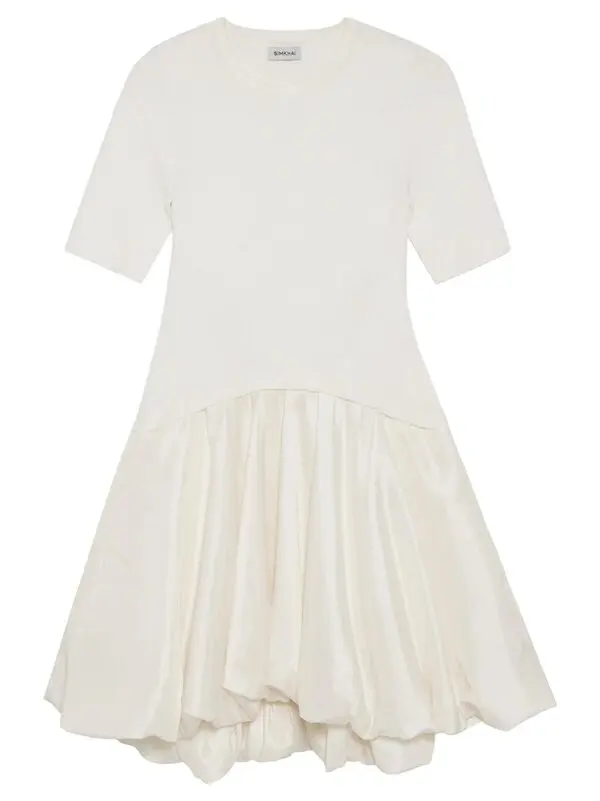 Simkhai Kenny Knit Taffeta Combo Gathered Mini Dress - White