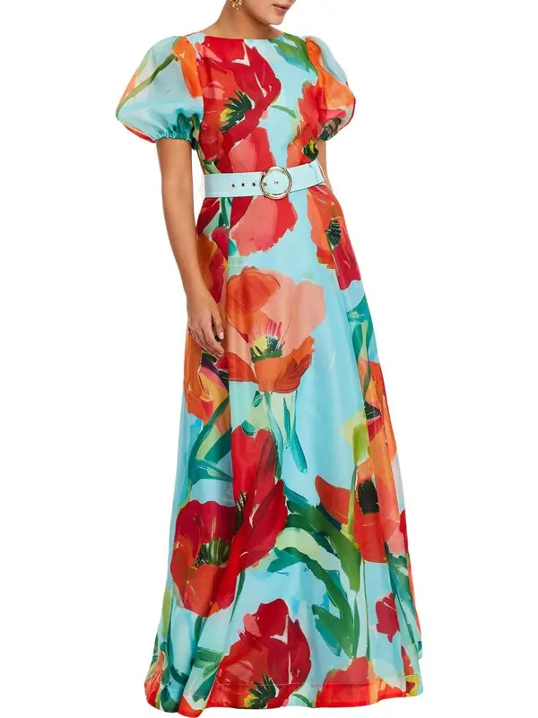Mestiza New York Pippa Floral Organza Puff-sleeve A-line Gown - Poppy Red