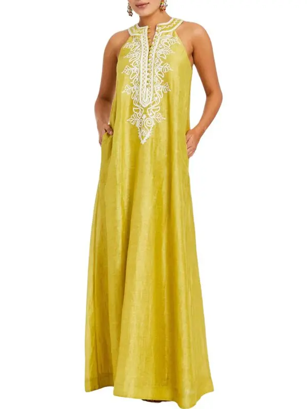 Mestiza New York Merida Embroidered Organza Button Halter Gown - Yellow