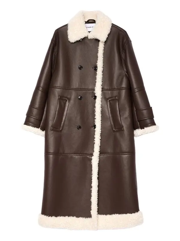 STAND STUDIO Hayley Double-breasted Faux Shearling Coat - Dark Brown/off White