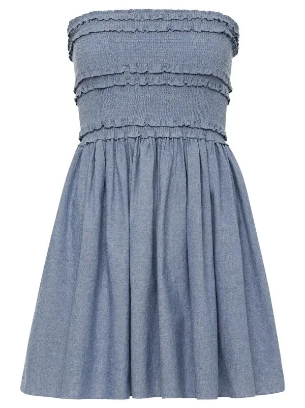 Azeeza Anya Smocked Chambray Mini Dress - Blue