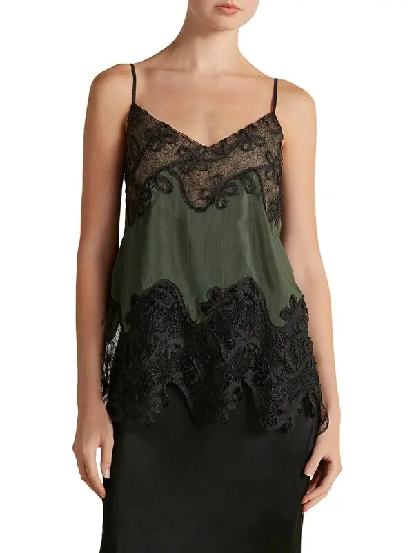Marina Moscone Pinstripe Lace Inlay Camisole Top - Green