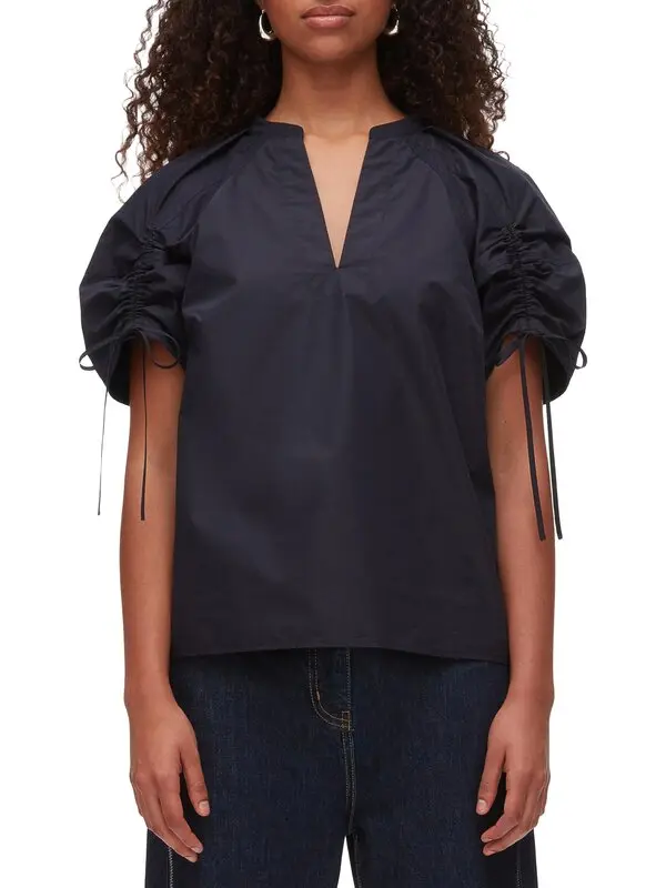 3.1 Phillip Lim Cotton Poplin Ruched Puff-sleeve Top - Black