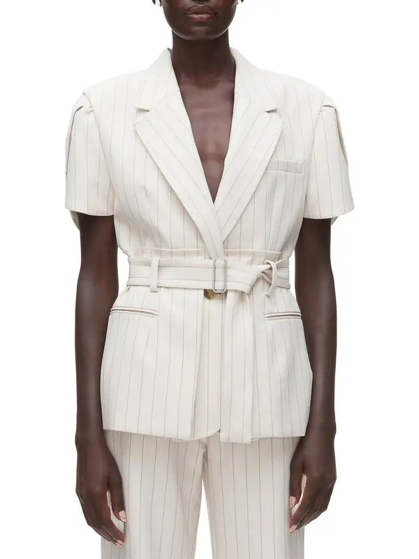 3.1 Phillip Lim Pinstripe Tulip-sleeve Belted Blazer - White