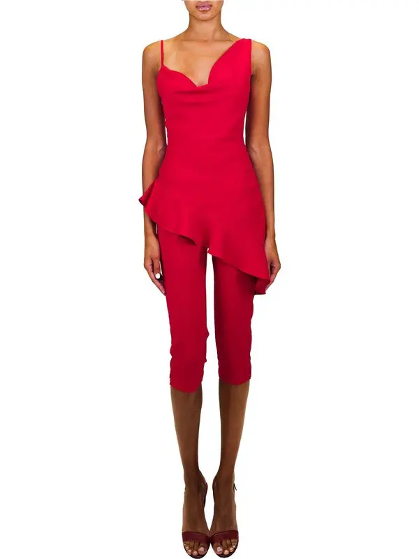 Azeeza Daphne Asymmetric Draped Satin Top - Red