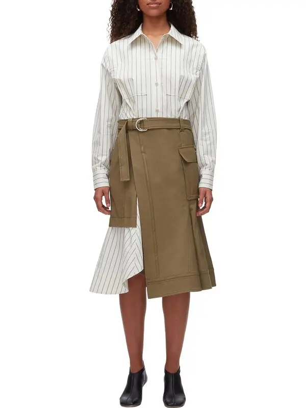 3.1 Phillip Lim Stripe Poplin Twill Combo Cargo Shirt Dress - Neutral