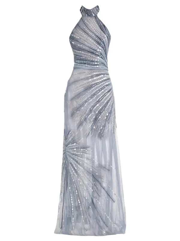 Francisco Arce Embellished Tulle Halter Gown - Blue