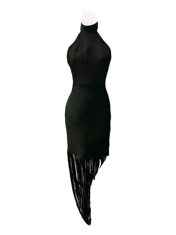 Francisco Arce Hellen Silk Fringe Asymmetric Halter Dress - Black