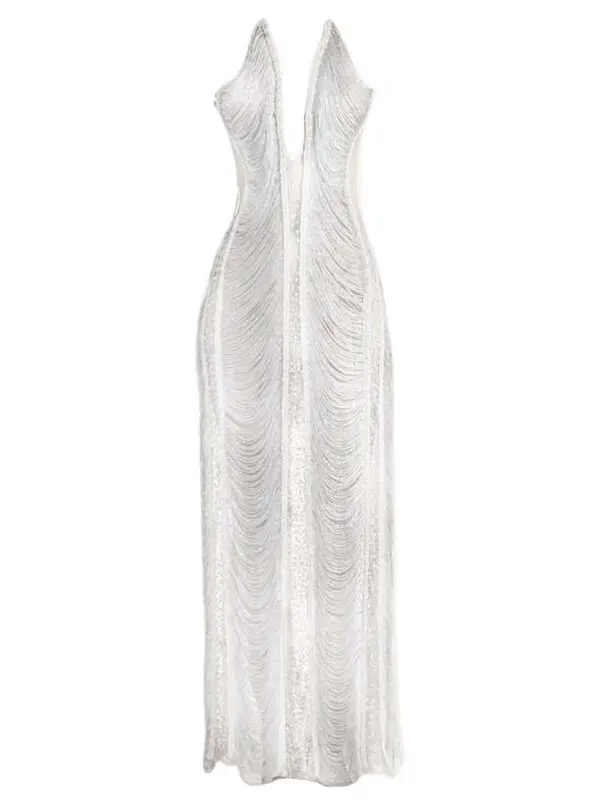 Francisco Arce Zira Embellished Fringe Illusion Tulle Gown - Silver