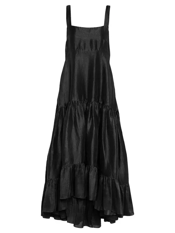 Azeeza Griffon Tiered Silk Midi Dress - Black