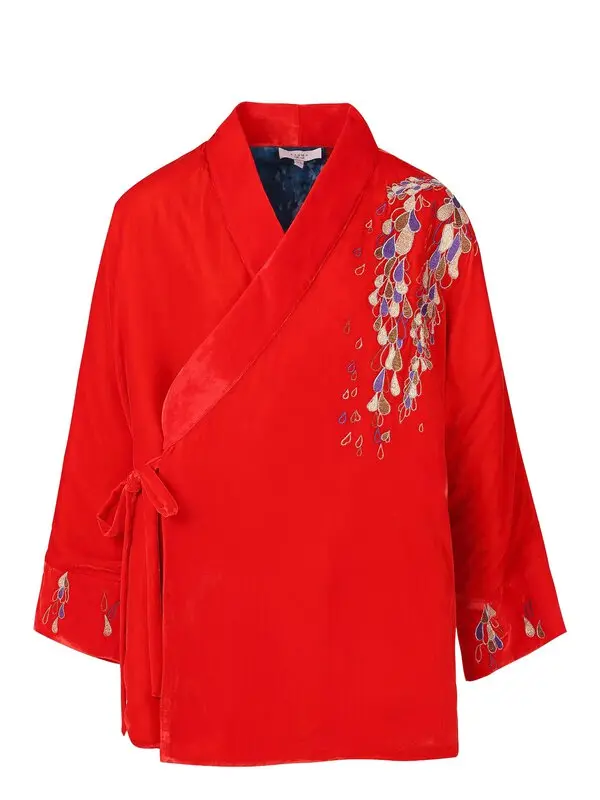 KARMA ON THE ROCKS Velvet Wrap Jacket With Embroidery - Red