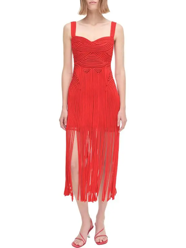 Simkhai Darby Embroidered Fringe Midi Dress - Red