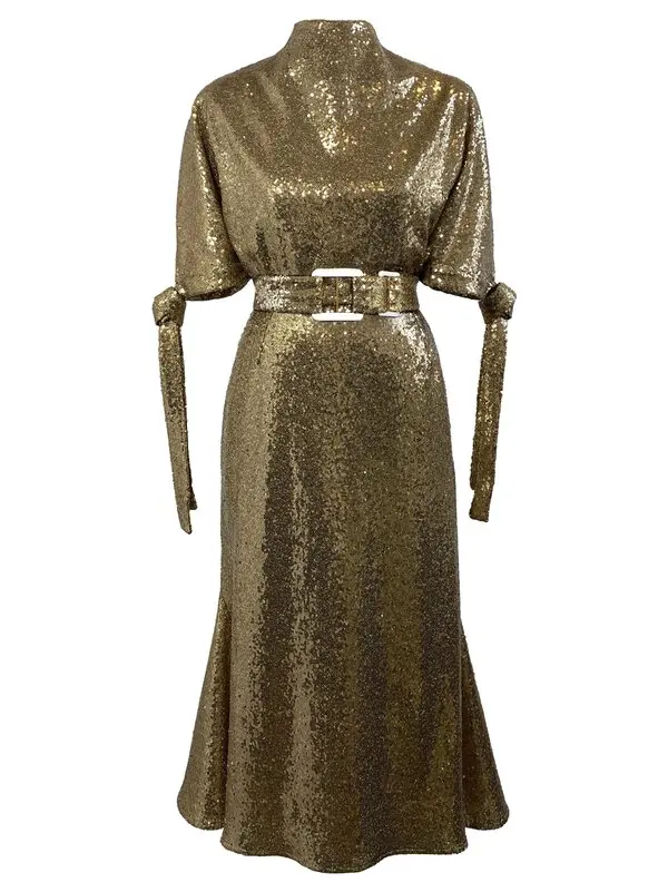 EDELINE LEE Pedernal Belted Sequined Midi Dress - Gold