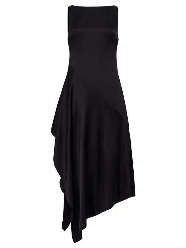 Azeeza Manisha Asymmetric Draped Satin Midi Dress - Black