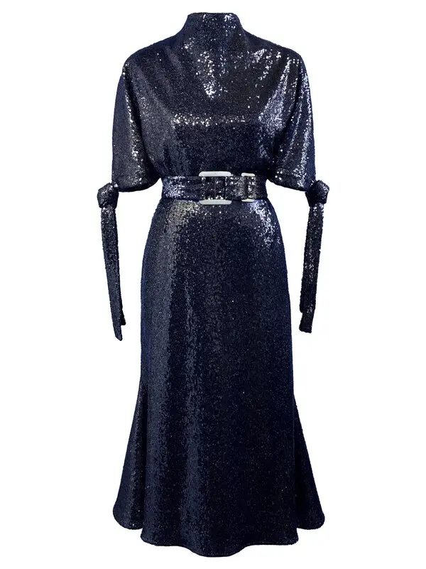 EDELINE LEE Pedernal Sequin Belted Tie-sleeve Midi Dress - Navy