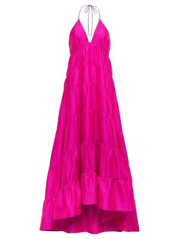 Azeeza Olesia Tiered Taffeta Halter Gown - Pink