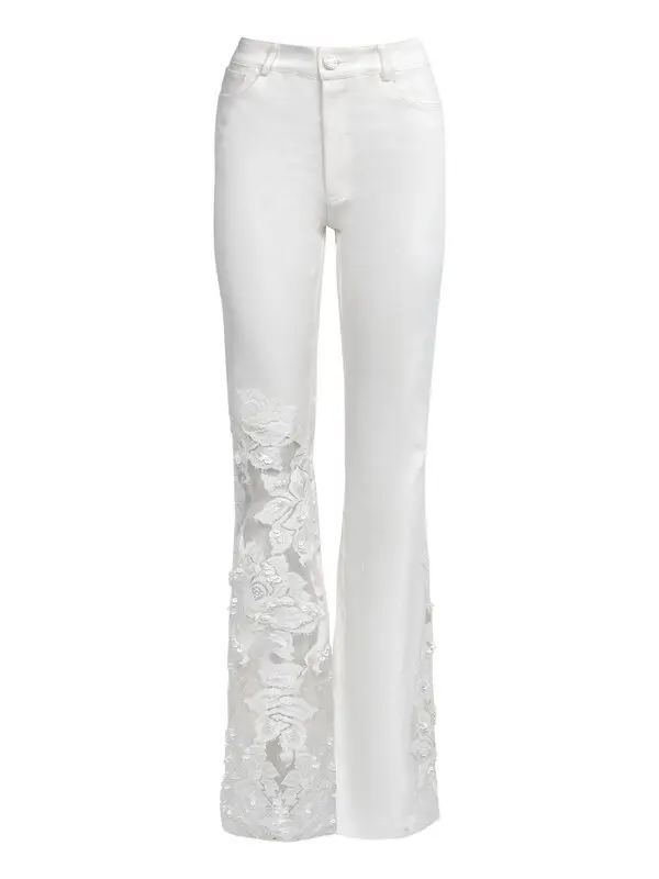 FRANCESCA MIRANDA Gardenia Sequin Floral Lace Flared Jeans - White