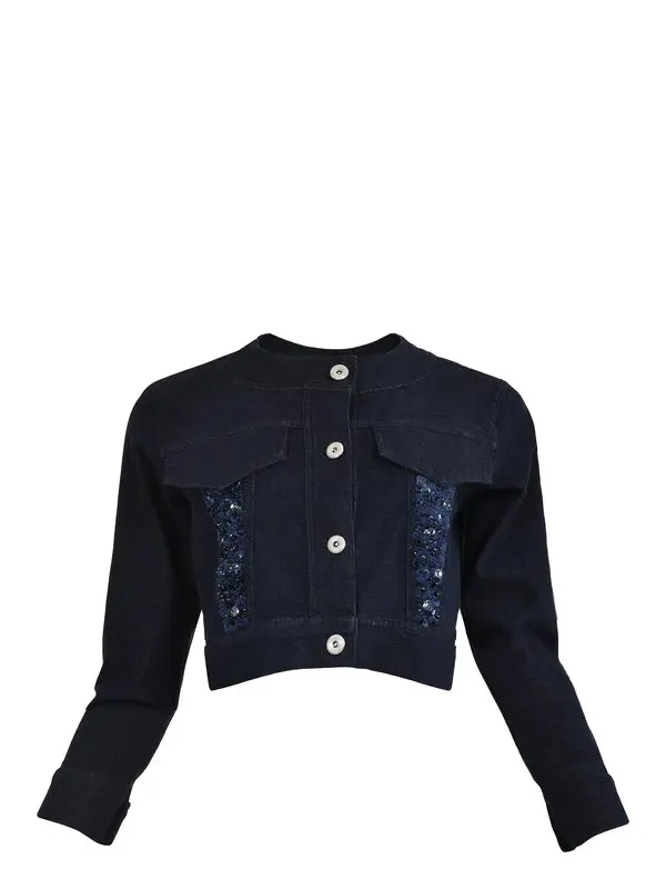 FRANCESCA MIRANDA Armor Sequin Cropped Denim Jacket - Blue