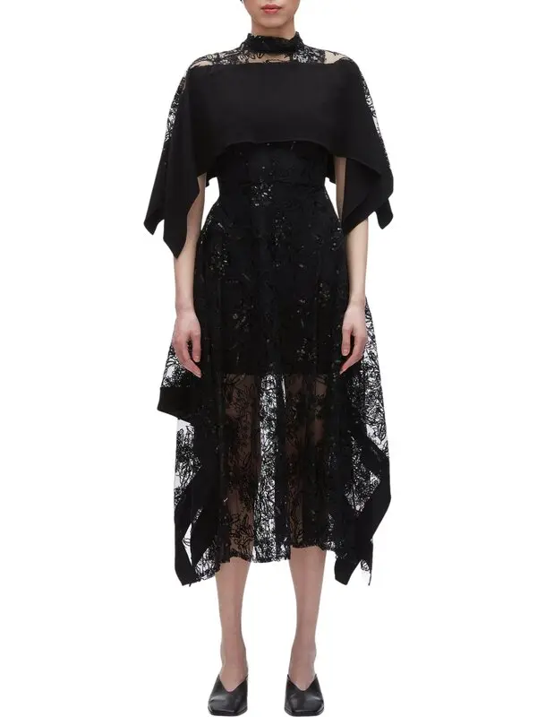 3.1 Phillip Lim Sequin Floral Lace Cape Handkerchief Dress - Black
