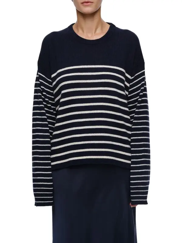 EOLAS Nic Stripe Cotton Cashmere Sweater - Navy