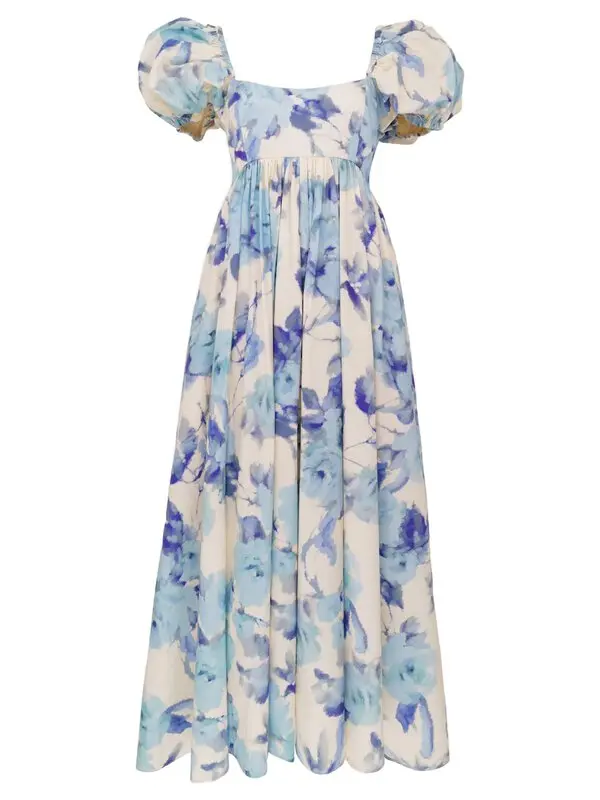 Azeeza Floral Cotton Poplin Puff-sleeve Midi Dress - Blue