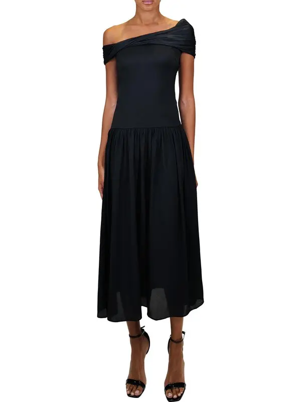 Azeeza Veda Draped Off-the-shoulder Satin Midi Dress - Black