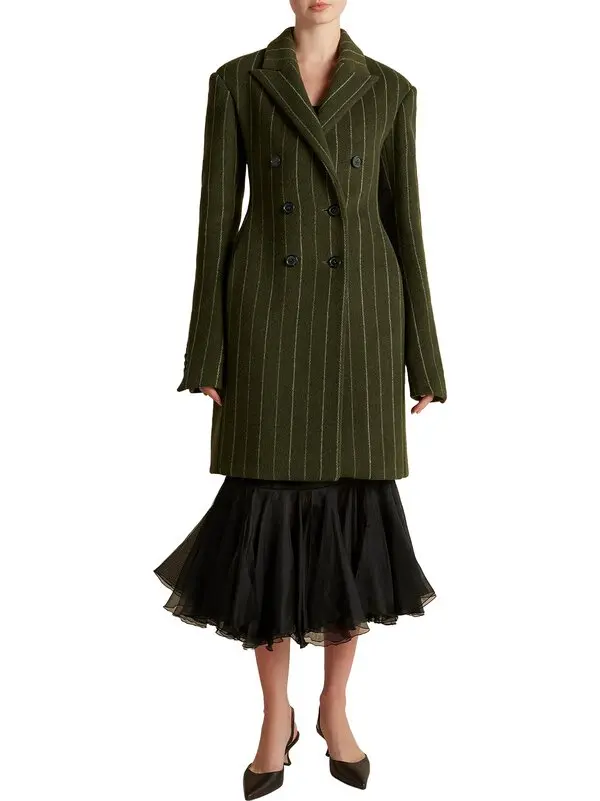 Marina Moscone Pinstripe Wool Basque Overcoat - Green