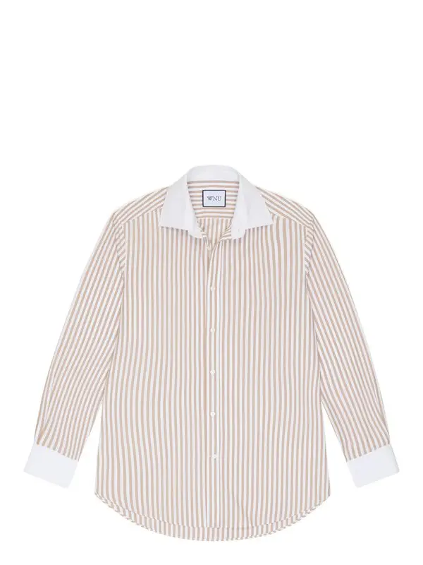 WITH NOTHING UNDERNEATH Boyfriend Fine Poplin Stripe Contrast Button-up Top - Neutral