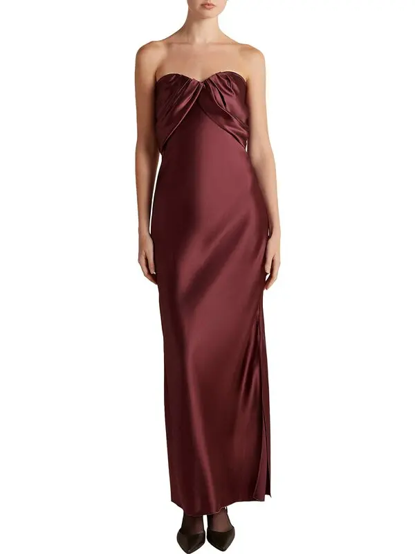 Marina Moscone Satin Draped Bustier Strapless Dress - Red