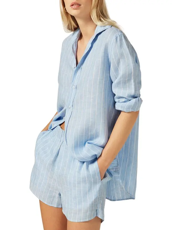 WITH NOTHING UNDERNEATH The Boyfriend Linen Stripe Shirt - Blue
