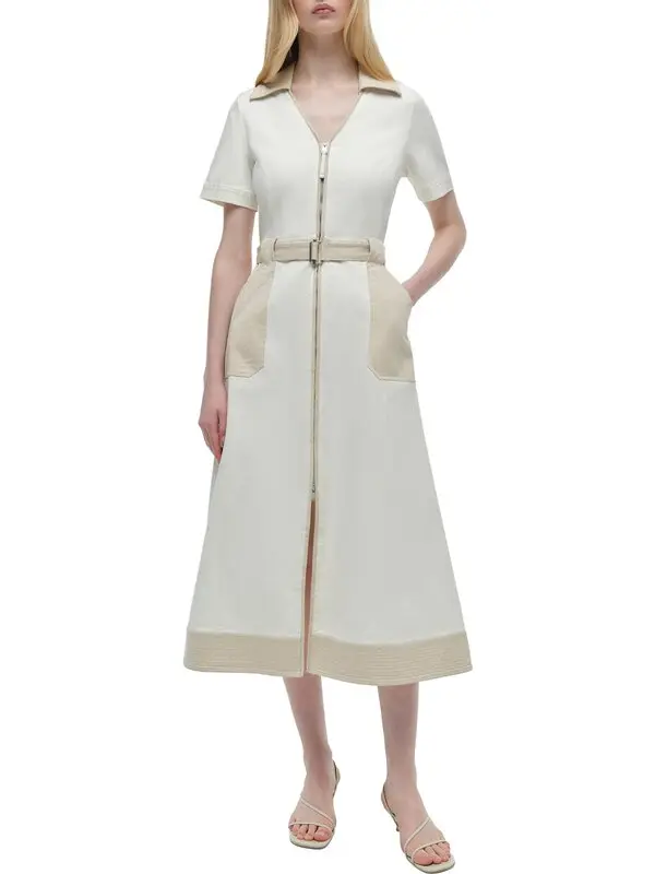 Simkhai Color Block Twill Collared Midi Dress - White