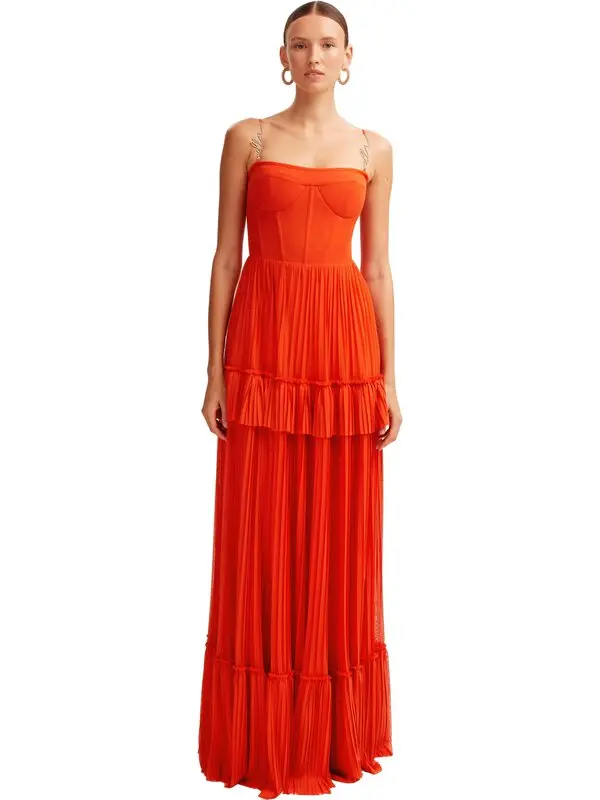 MILLA Pleated Maxi Dress With Spaghetti Straps - Red