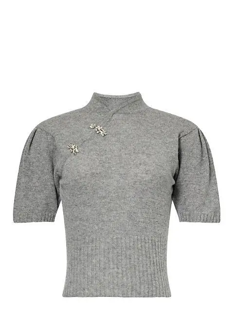Simone Rocha Mandarin-collar Embellished Cashmere Jumper - Grey Pearl Clear