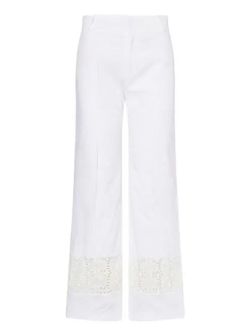 DESTREE Open-cut Embroidered-hem Straight-leg Cotton Trousers - White