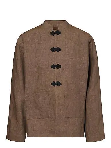 ROHE FRAMES Mandarin-collar Embroidered Linen Jacket - Brown Melange